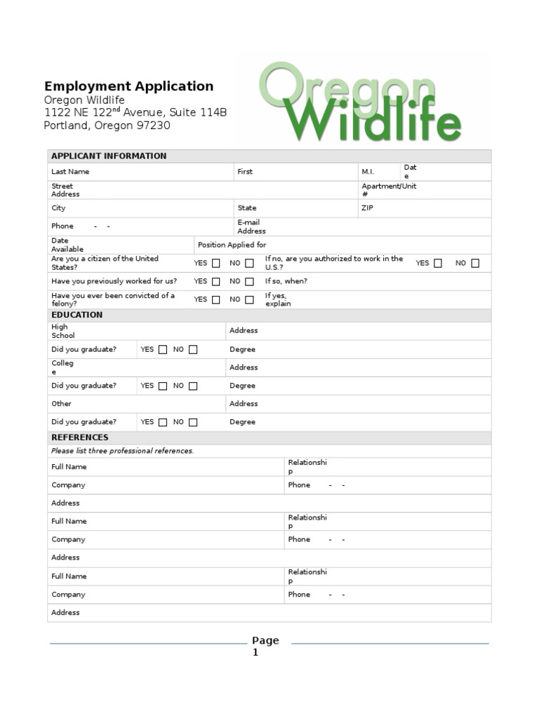 Oregon Wildlife Employment Application | PDF