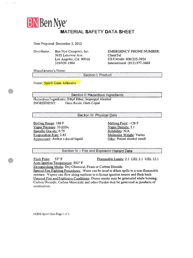 MSDS Ben Nye Spirit Gum | Download Free PDF | Combustion | Chemical ...