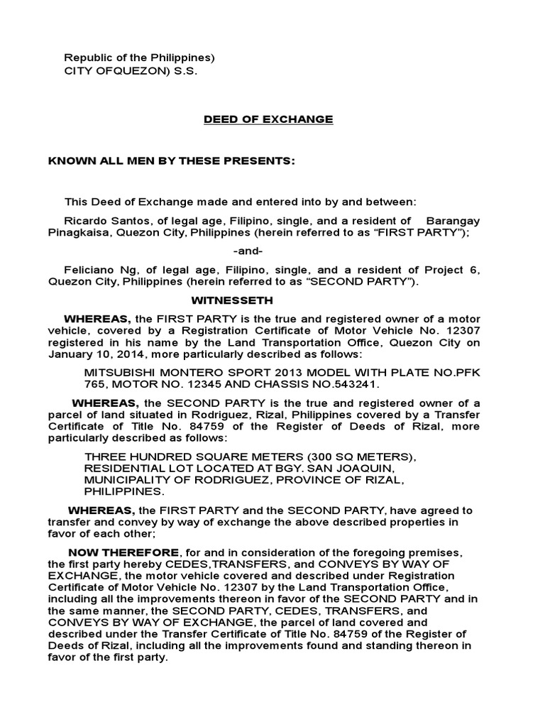 Deed of Exchange Sample | Download Free PDF | Land Vehicles | Motor Vehicle
