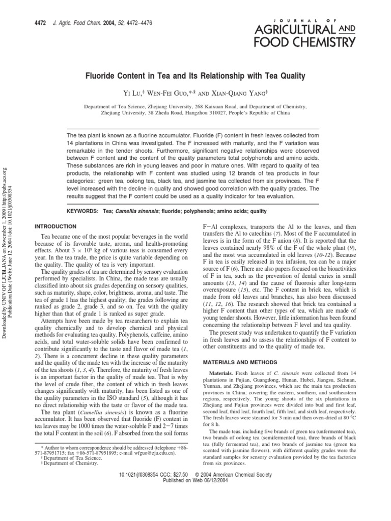 Fluoride Content in Tea and Its Relationship With Tea Quality | PDF ...