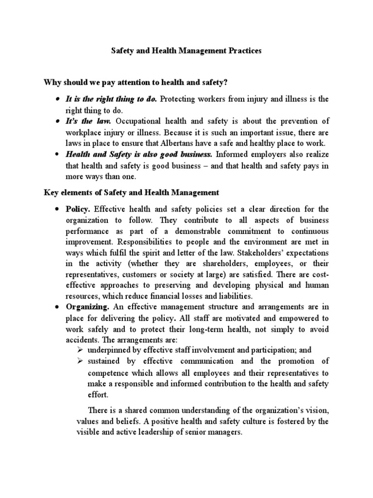 Safety Health Management Practices Guide | PDF | Occupational Safety ...