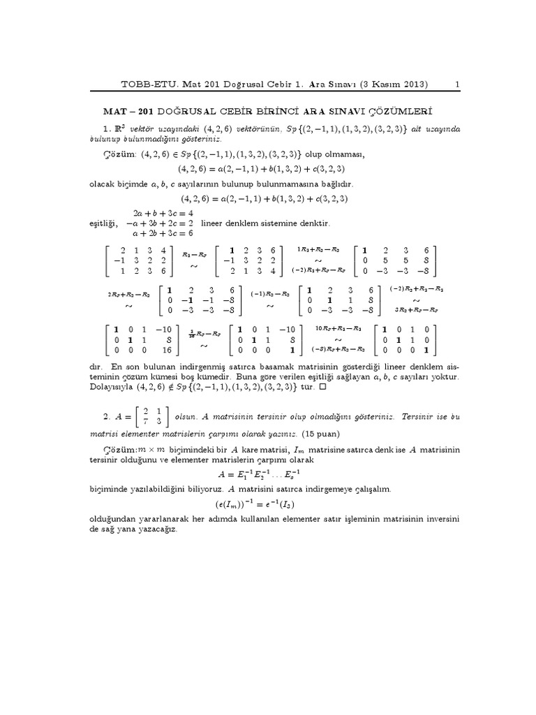 Lineer Cebir 1. Vize Tobb Etü | PDF
