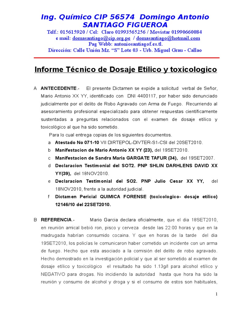 Informe Técnico de Dosaje Etílico en Perú | PDF | Etanol | Cocaína