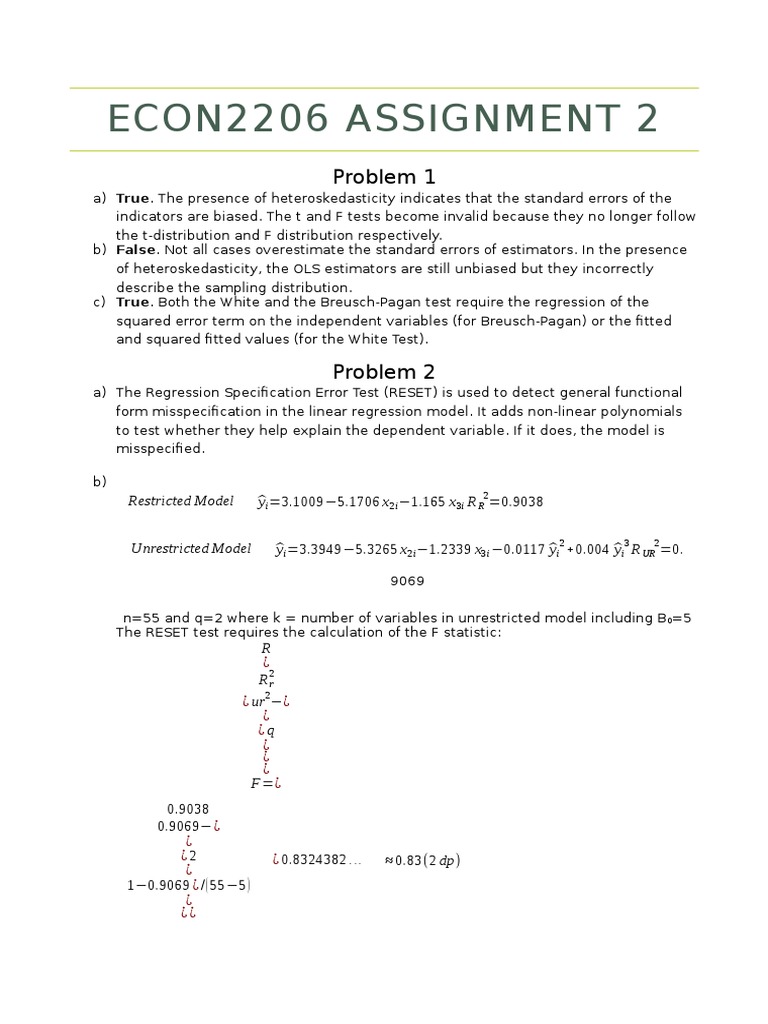 Econ2206 Assignment 2 Problem 1 Pdf P Value Heteroscedasticity