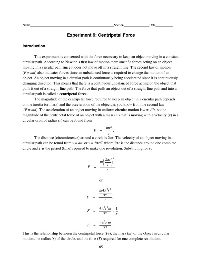 Experiment 6: Centripetal Force: (F Ma) - The Acceleration of An Object ...