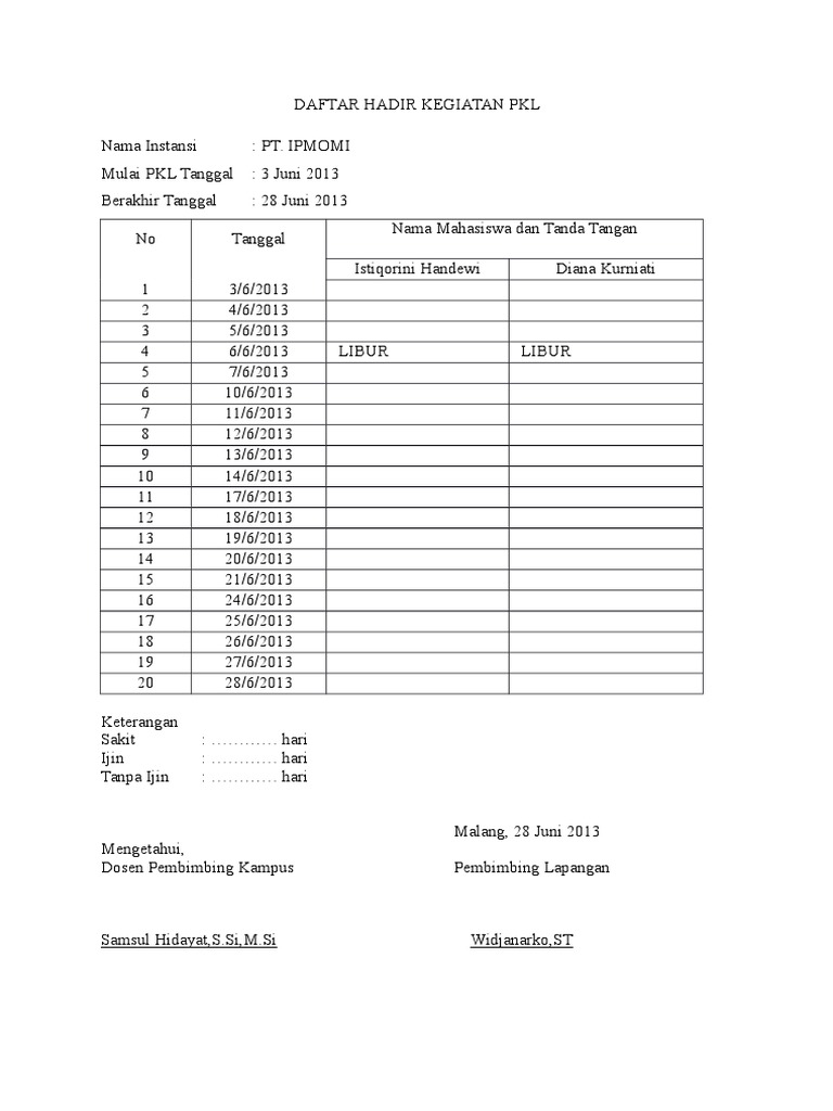 Absensi Harian PKL | PDF