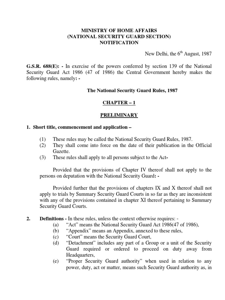 National Security Guard Rules 1987 | PDF | Arrest | Security Guard