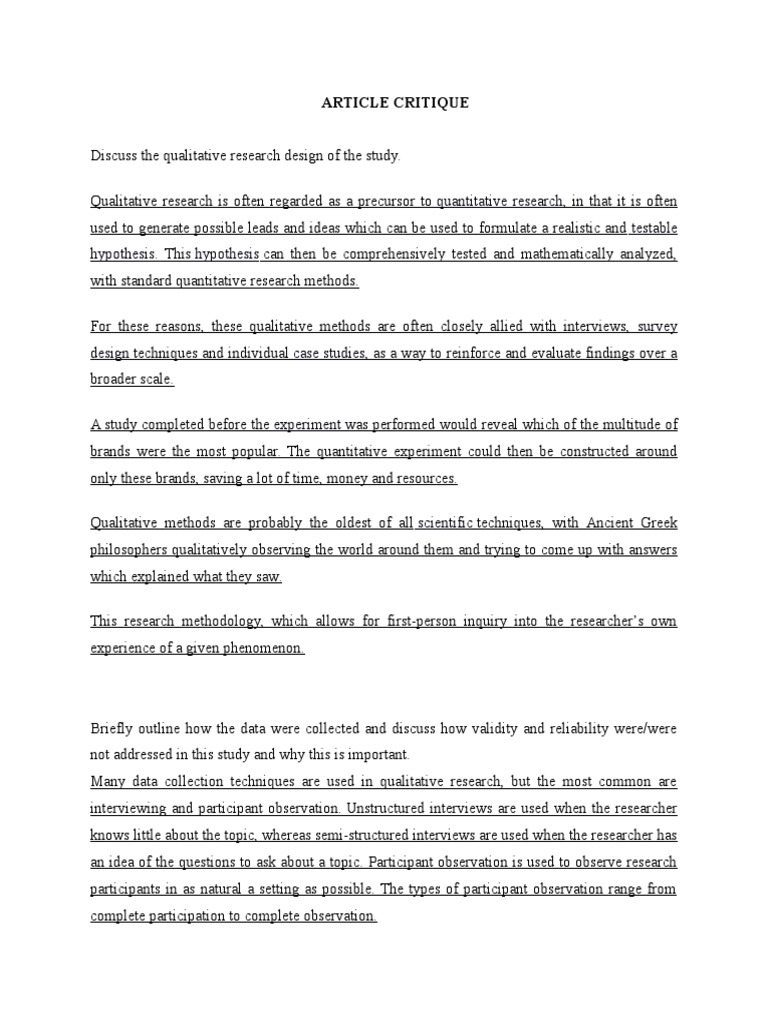 Quantitative Research Testable Hypothesis Hypothesis: Article Critique ...