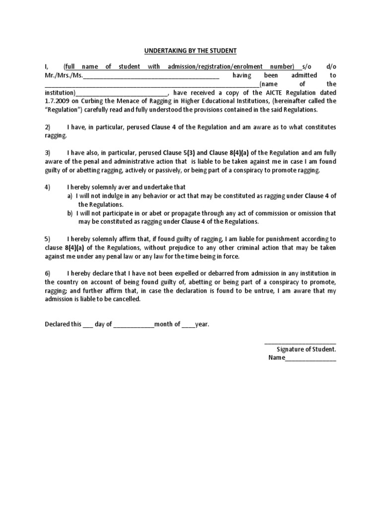 Anti Ragging Affidavit Format | Social Institutions | Society