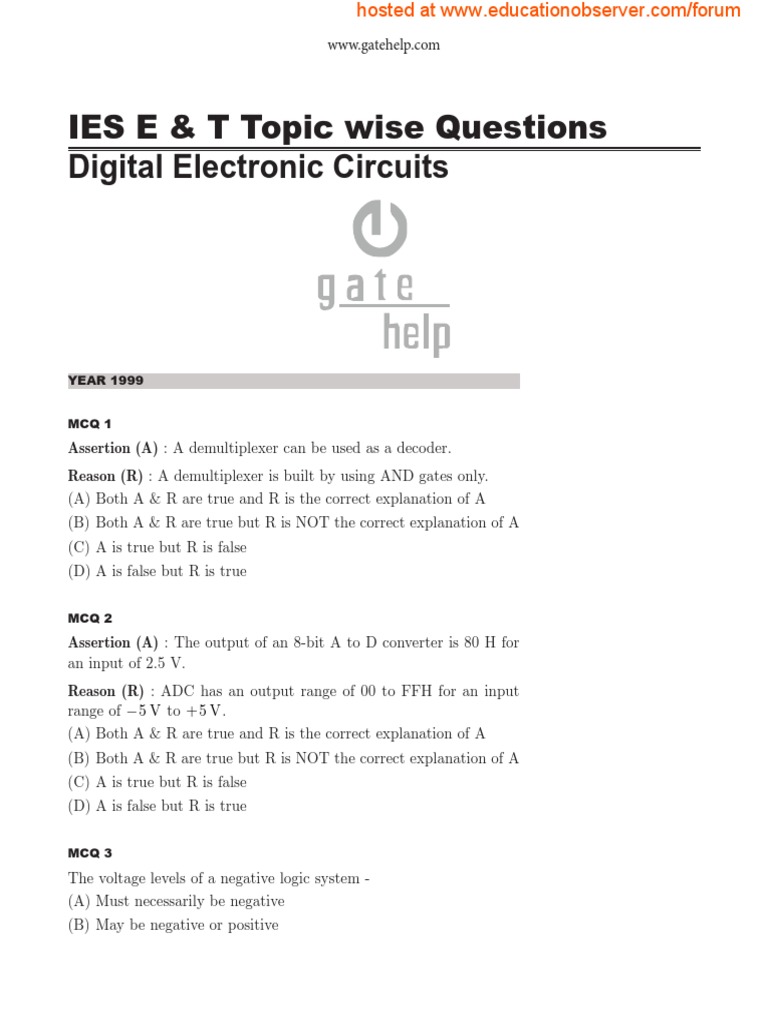IES Digital Electronics MCQs 1999-2009 | PDF | Logic Gate | Electronic Engineering