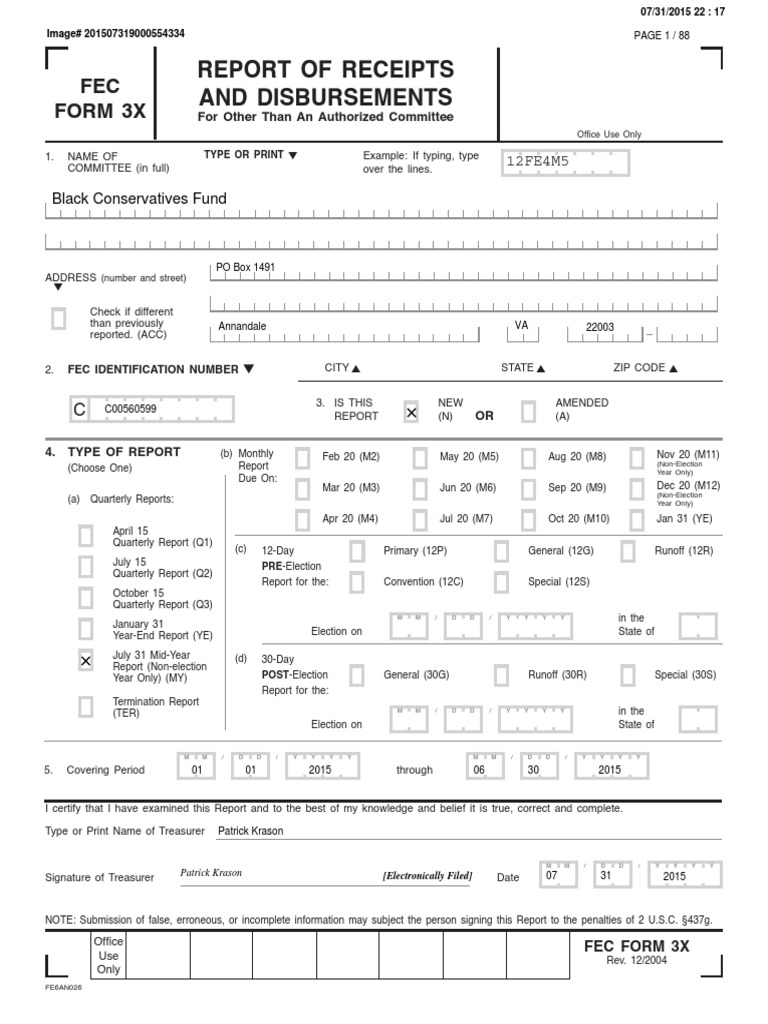 FEC Form 3X: Receipts & Disbursements Report | PDF | Political Action ...