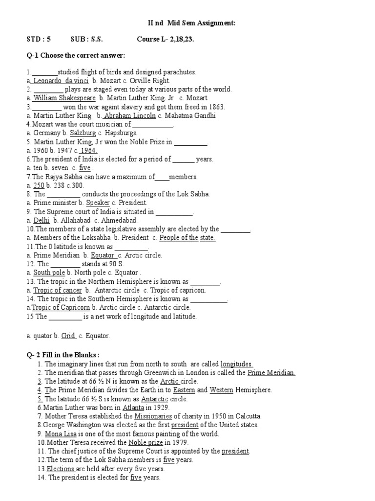 II ND Mid Sem Assignment: STD: 5 Sub: S.S. Course L-2,18,23. Q-1 Choose The Correct Answer | PDF ...