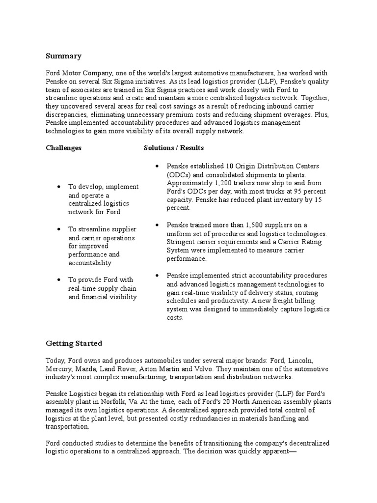 Ford Case Study Logistics | PDF | Logistics | Cargo