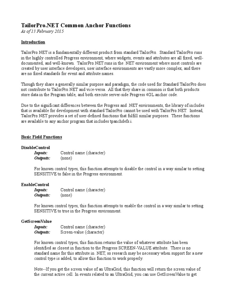 TailorPro.NET Common Anchor Functions: A Guide to Functions for ...