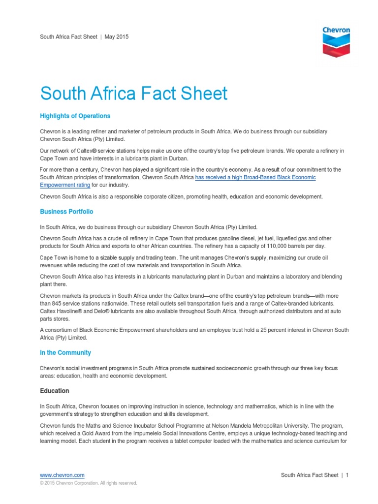 South Africa Fact Sheet | PDF | Chevron Corporation | Petroleum
