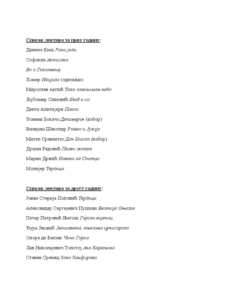 Spisak Lektira Srednja Skola Srbija | PDF
