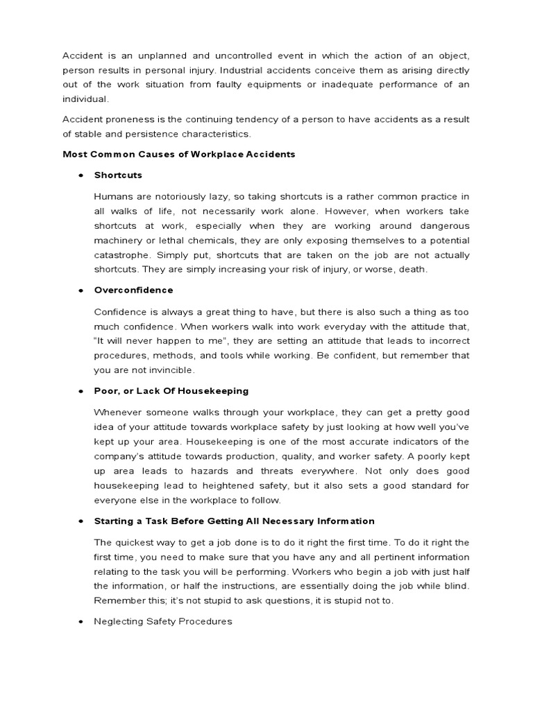 Most Common Causes of Workplace Accidents Shortcuts | PDF ...