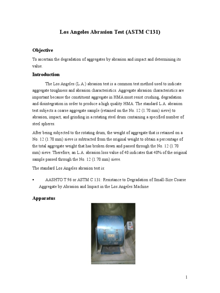 Los Angeles Abrasion Test (ASTM C131) : Objective | PDF | Wear | Experiment