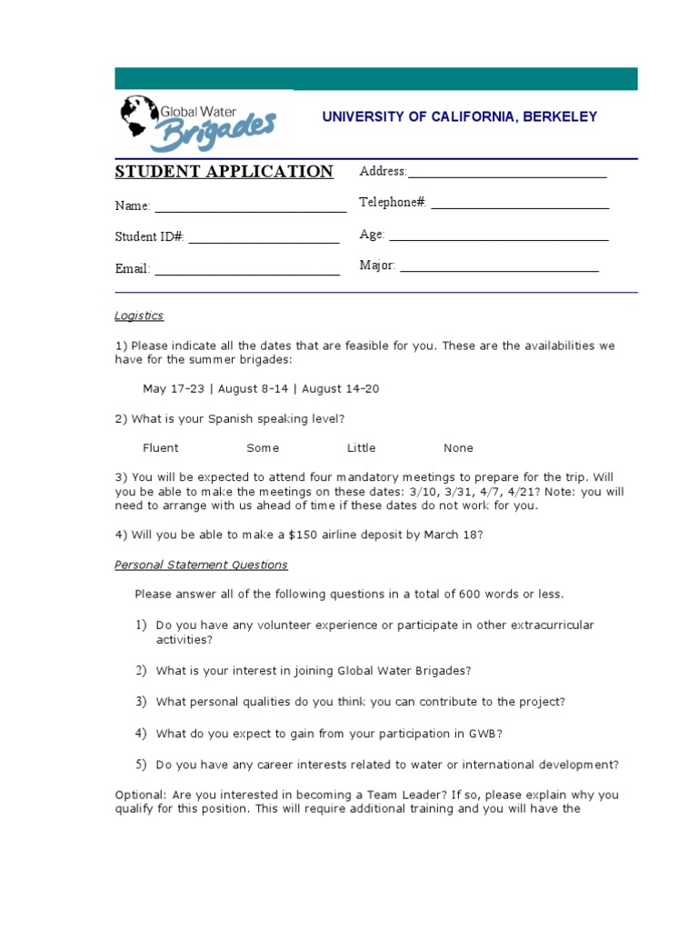 Global Water Brigades Student Application | PDF | Career & Growth