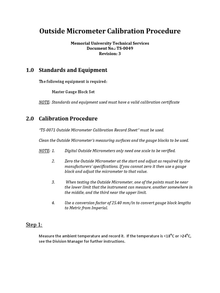 Outside Micrometer Calibration Guide | PDF | Business | Technology ...