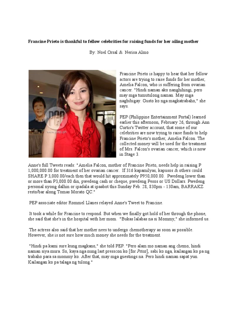 Francine Prieto Is Thankful To Fellow Celebrities For Raising Funds For ...