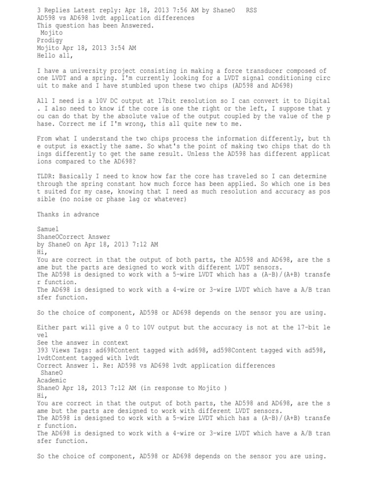 AD598 Vs AD698 LVDT Application Differences | PDF