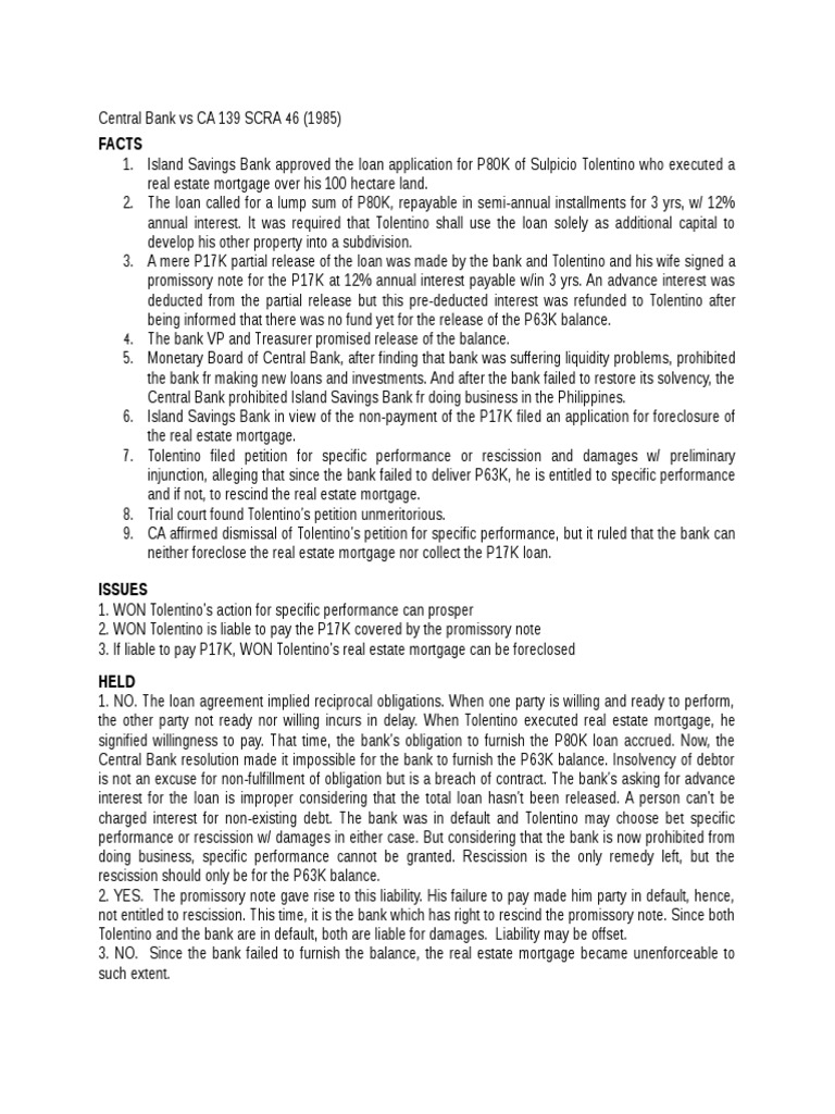 Central Bank Vs CA 139 SCRA 46 (1985) | PDF | Loans | Mortgage Loan
