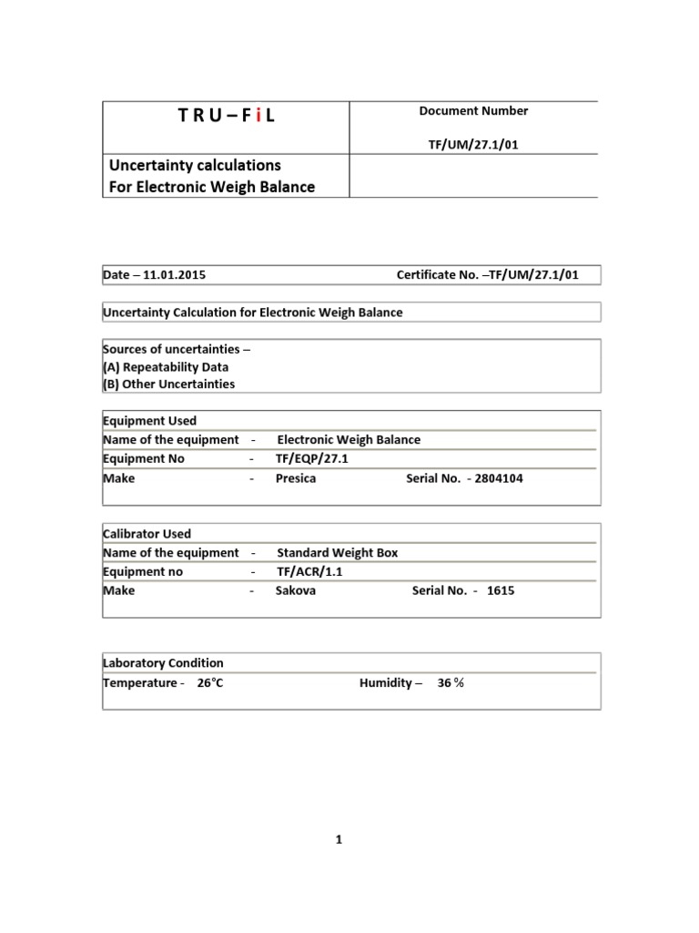 Uncertainty of Electronic Weigh Balance | PDF