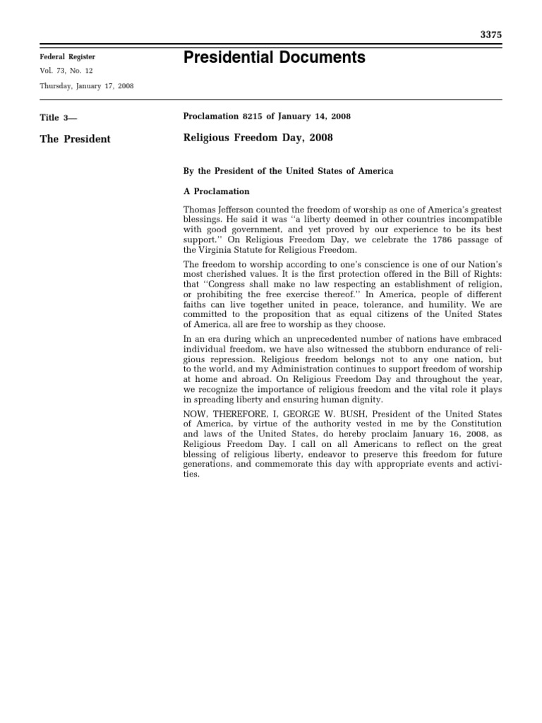 Proclamation: Special Observances: Religious Freedom Day (Proc. 8215 ...
