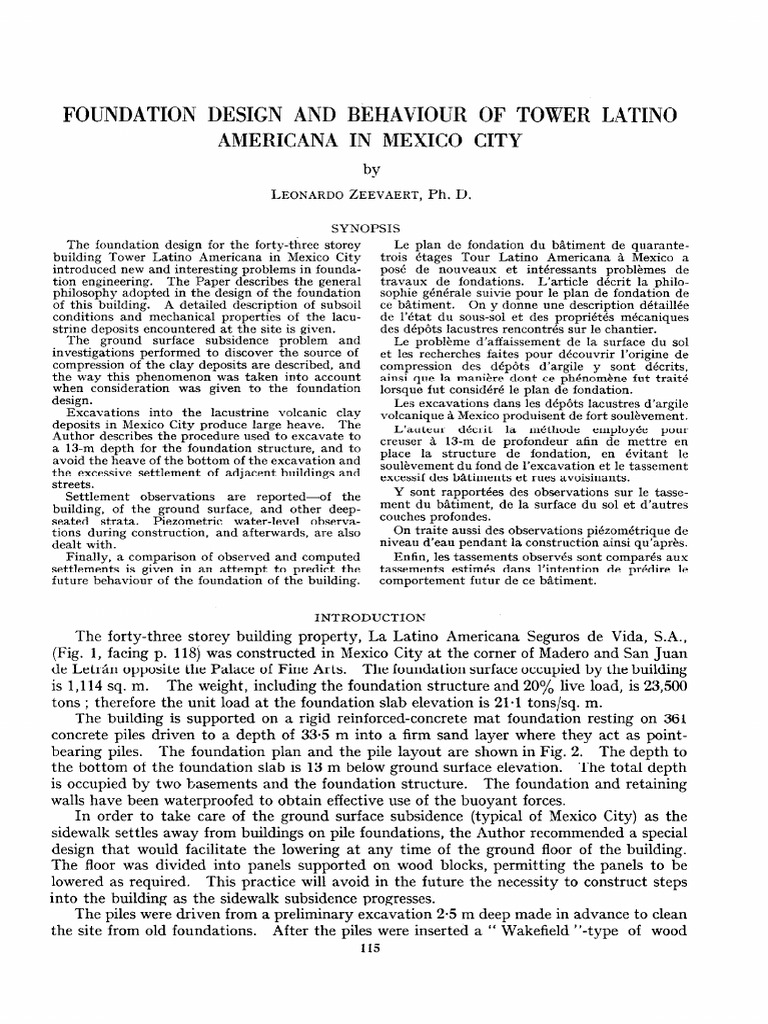 Diseño de La Cimentación y El Comportamiento de La Torre Latinoamericana PDF | PDF | Deep ...