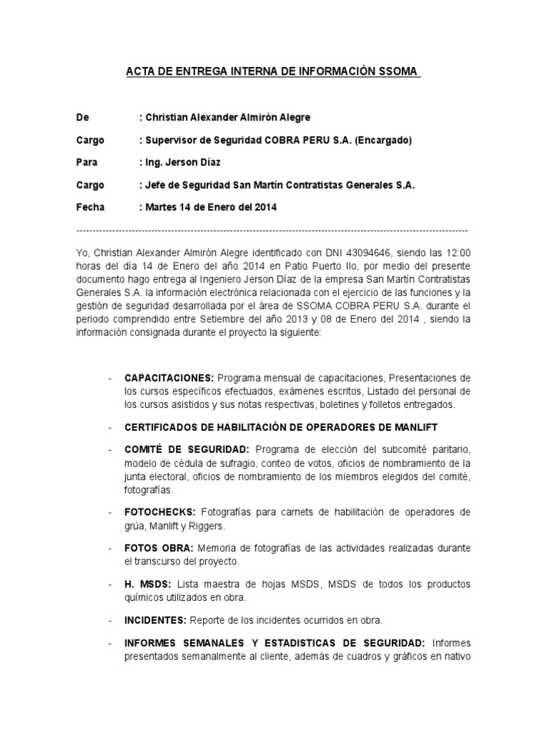 Acta de Entrega Interna de Información | PDF | Bienestar | Medicina