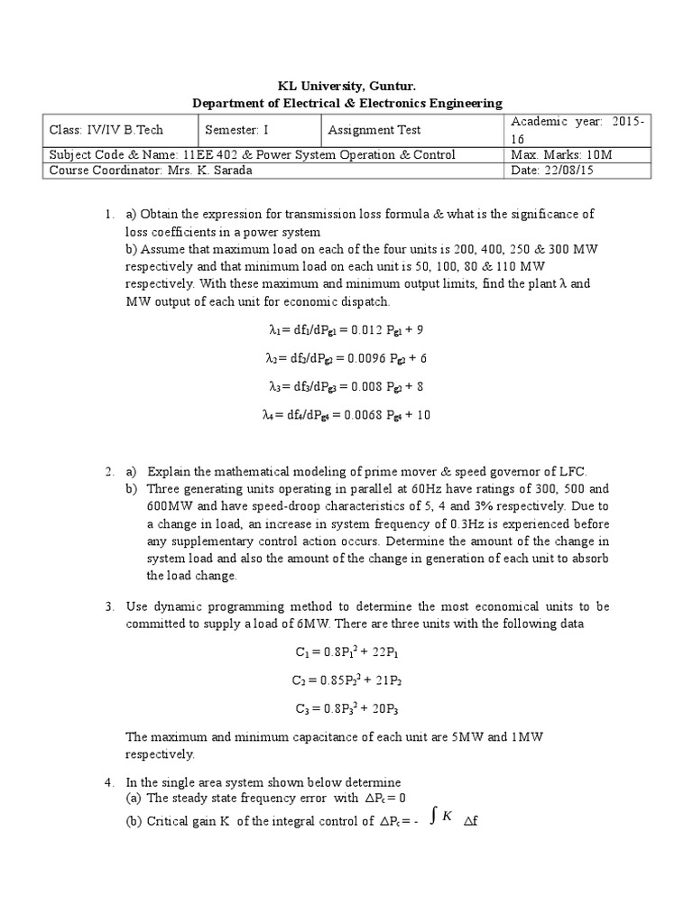 Analysis of Power System Operation and Control Through Economic ...