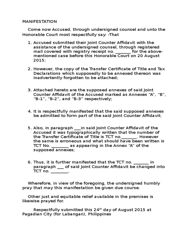 MANIFESTATION Sample | PDF | Legal Procedure | Civil Law (Common Law)