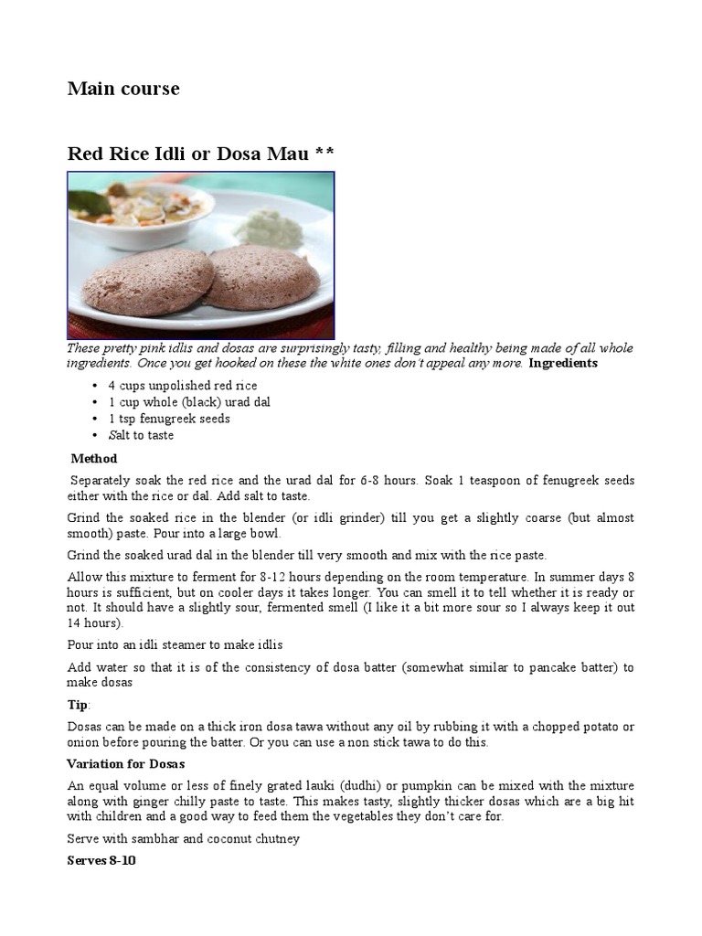 Main Course Red Rice Idli or Dosa Mau | PDF | Chutney | Salad