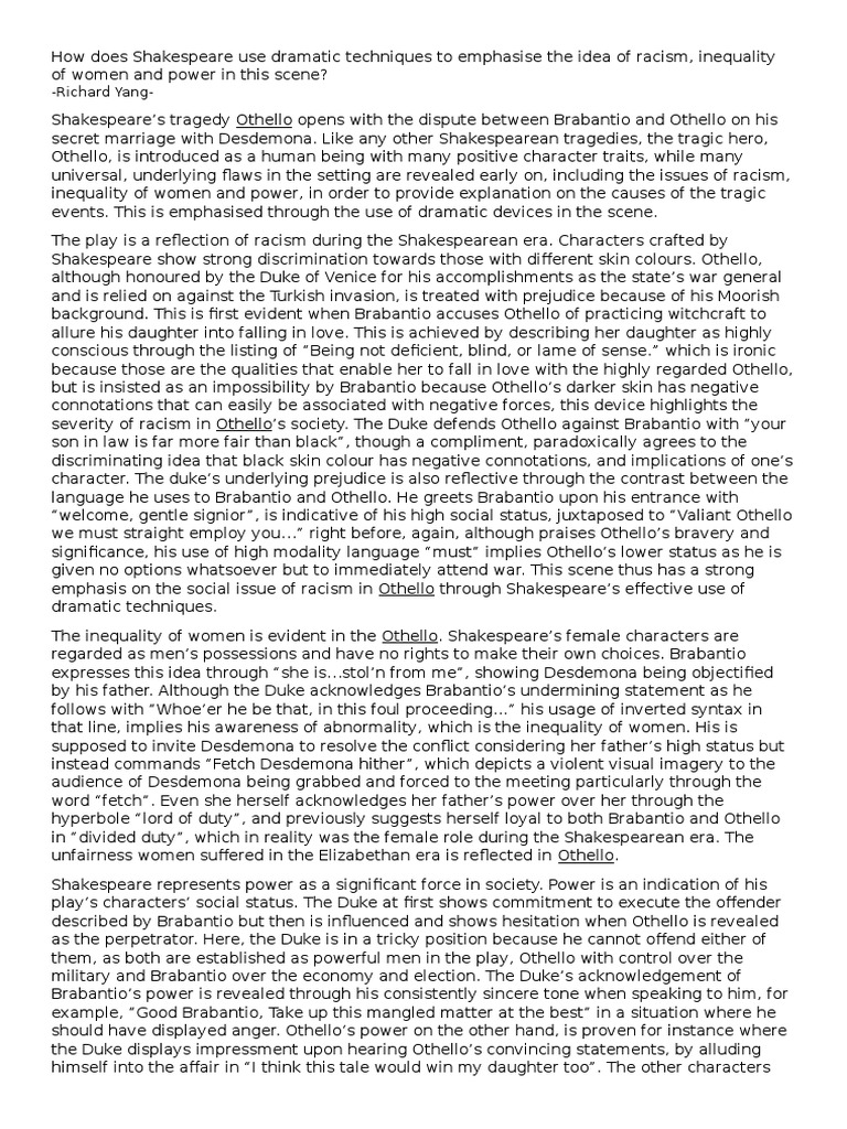 Shakespeare's Dramatic Techniques Reveal Societal Flaws: An Analysis of Racism, Gender ...