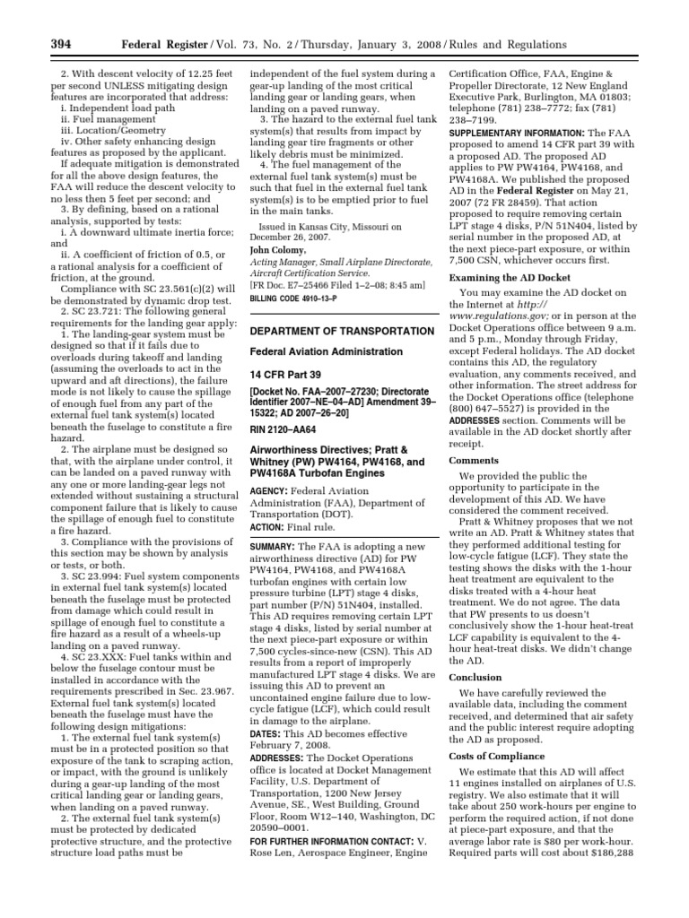 Rule: Airworthiness Directives: Pratt & Whitney (PW) PW4164, PW4168 and ...