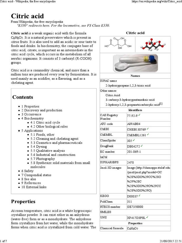 Citric Acid - Wikipedia, The Free Encyclopedia | PDF | Physical ...