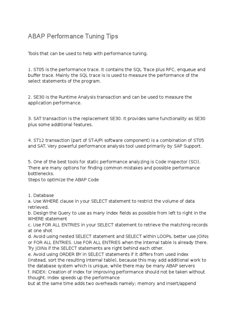 ABAP Performance Tuning Tips and Tricks | PDF | Database Index | Sql