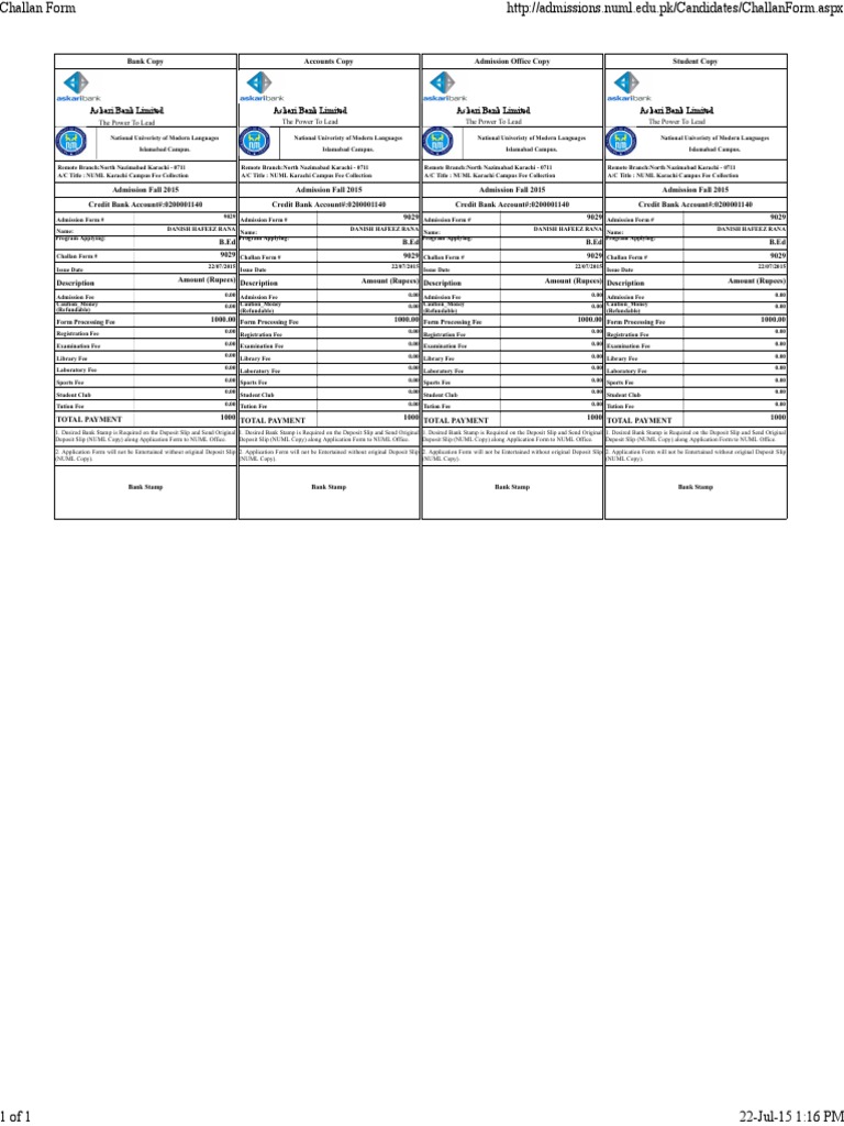 Challan Form | Fee | Payments