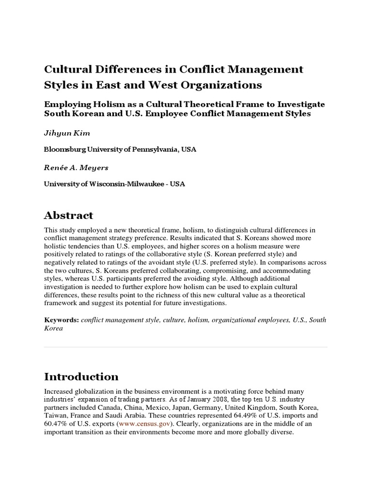 Cultural Differences in Conflict Management Styles in East and West ...