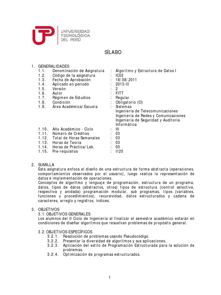 IC02 Silabo Algoritmo y Estructura de Datos I PDF | PDF | Algoritmos | Programación de computadoras