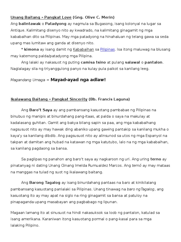 Pambansang Kasuotan Ng Pilipinas Barong At Saya