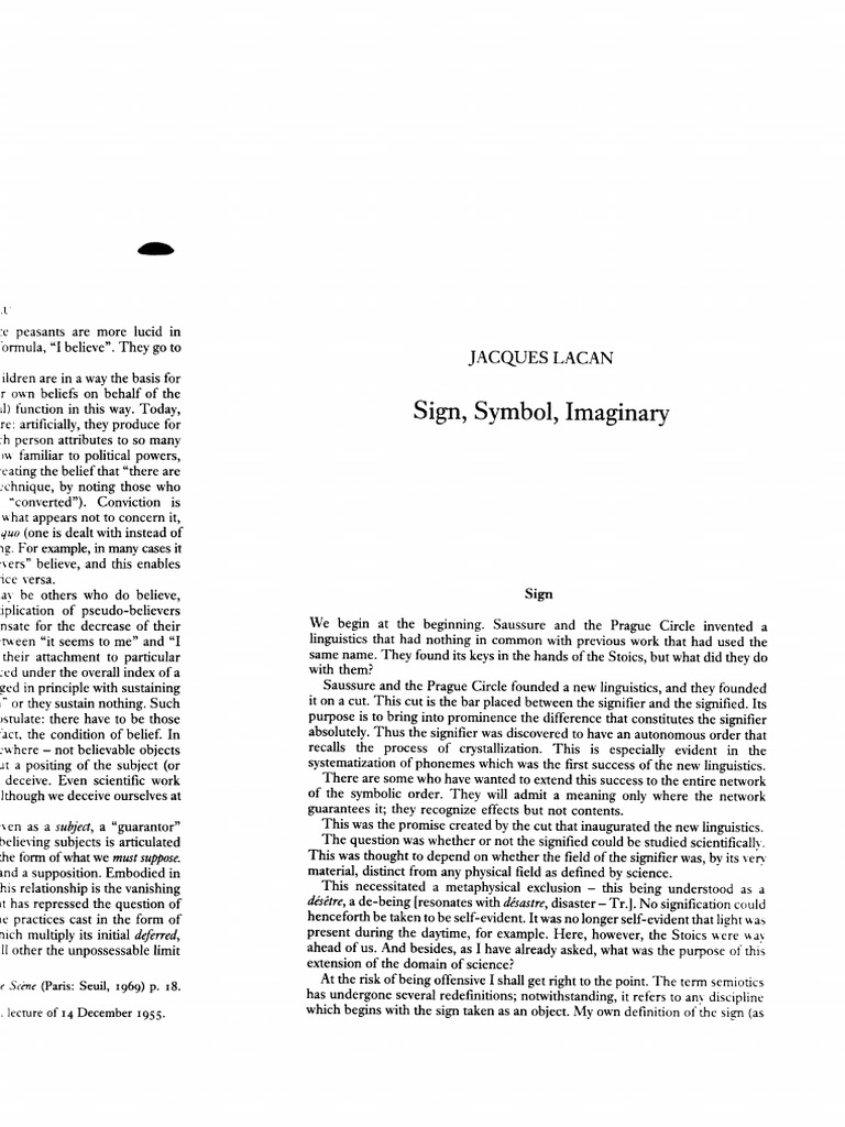 Sigtt, Symbol, Imaginary: Jacques Lacan | PDF | Jacques Lacan | Linguistics