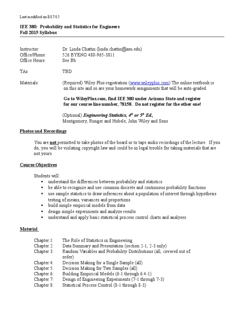 IEE 380 Syllabus | PDF | Homework | Statistics