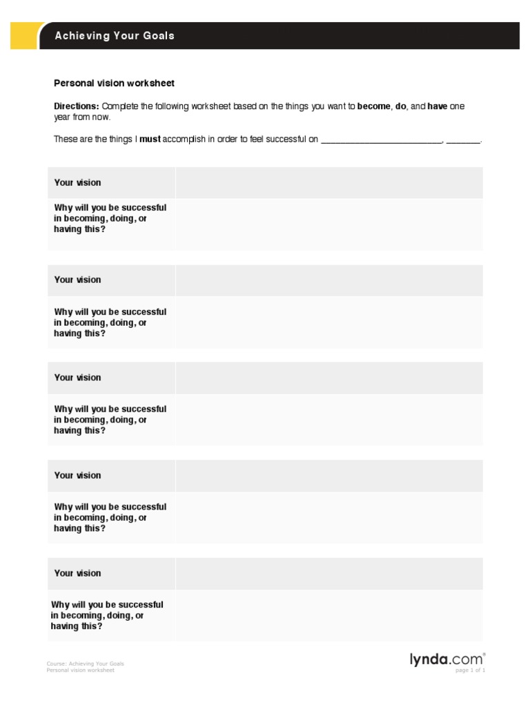 Achieving Your Goals: Personal Vision Worksheet | PDF