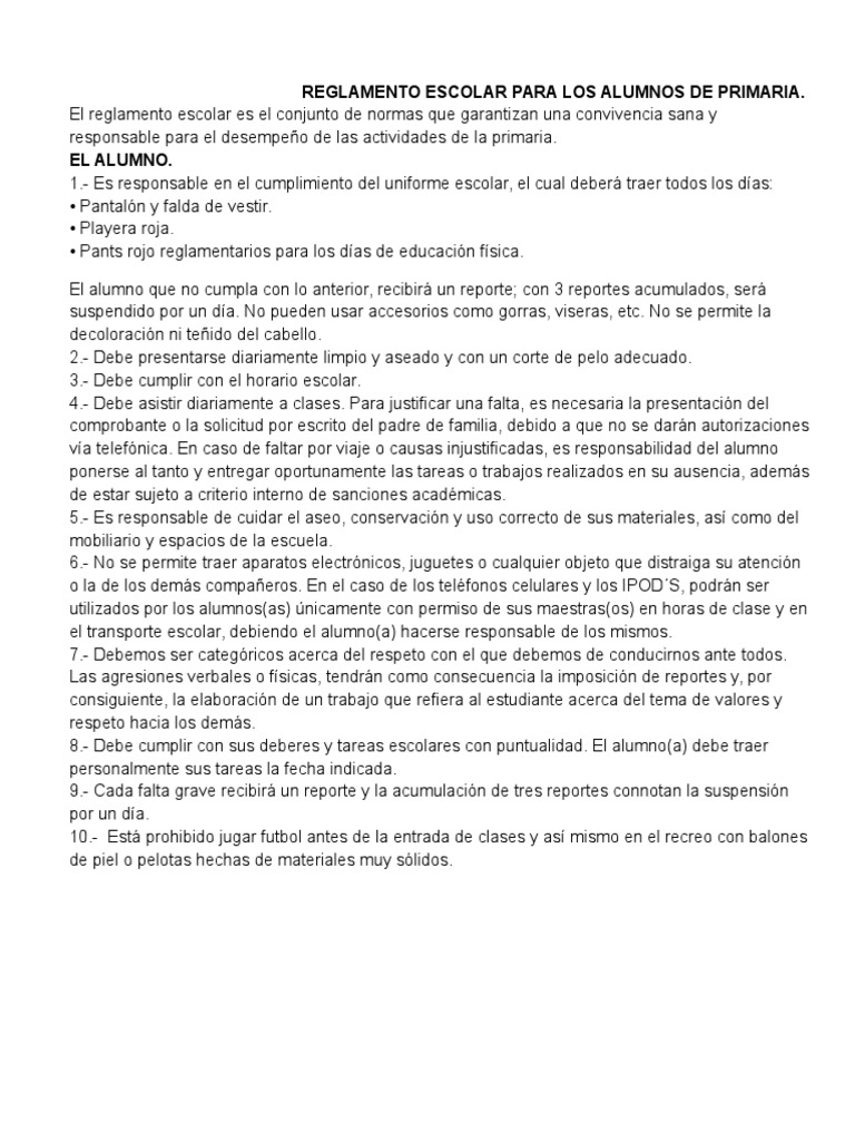 Reglamento Escolar para Los Alumnos de Primaria | Descargar gratis PDF | Comportamiento ...