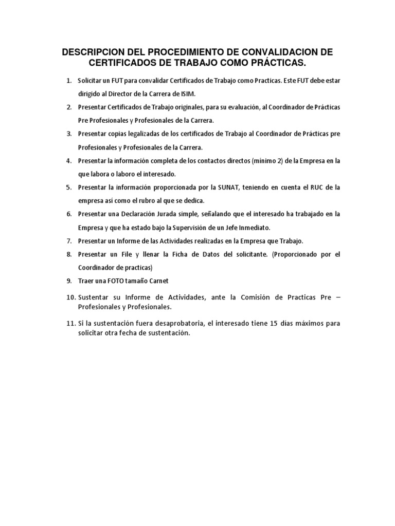 Modelo Del Procedimiento de Convalidacion de Certificados de Trabajo Como Prácticas | PDF