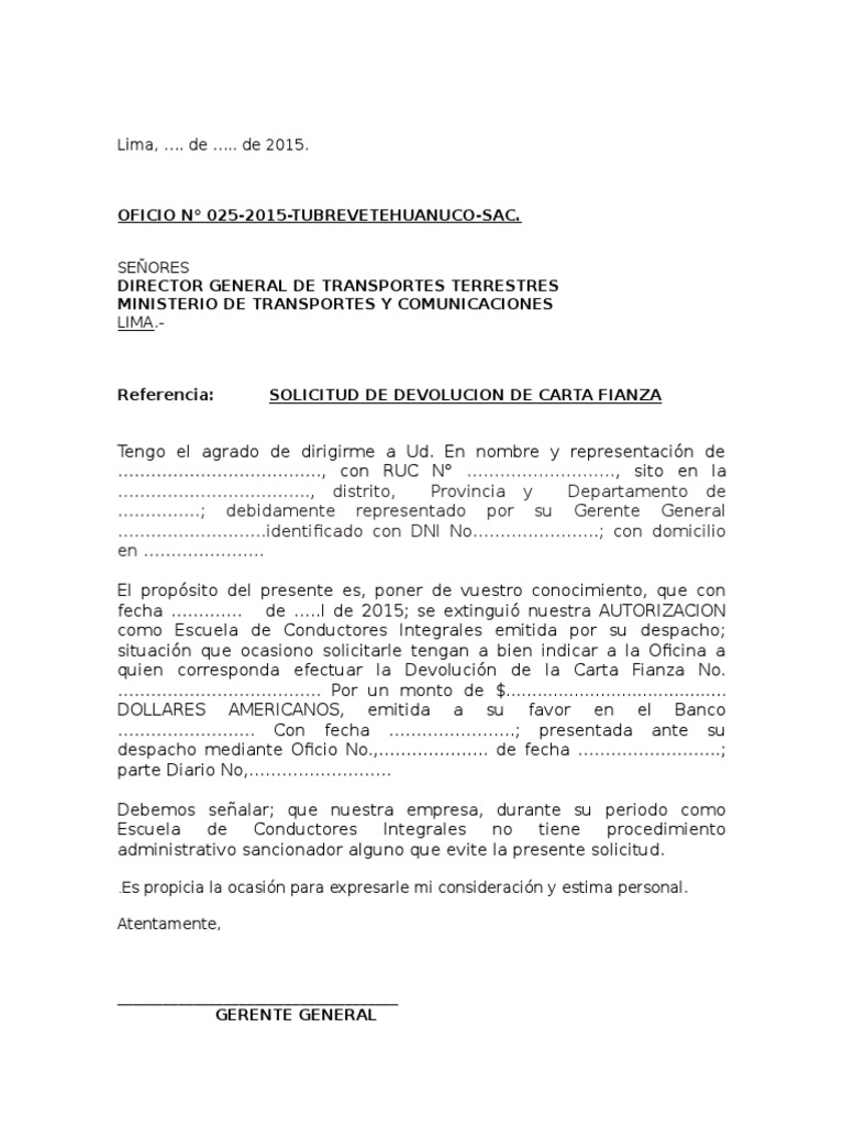 Oficio de Solicitud de Devoiucion de Carta Fianza | PDF