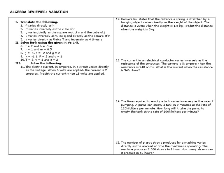 Algebra Reviewer: Variation: I. Translate The Following | PDF