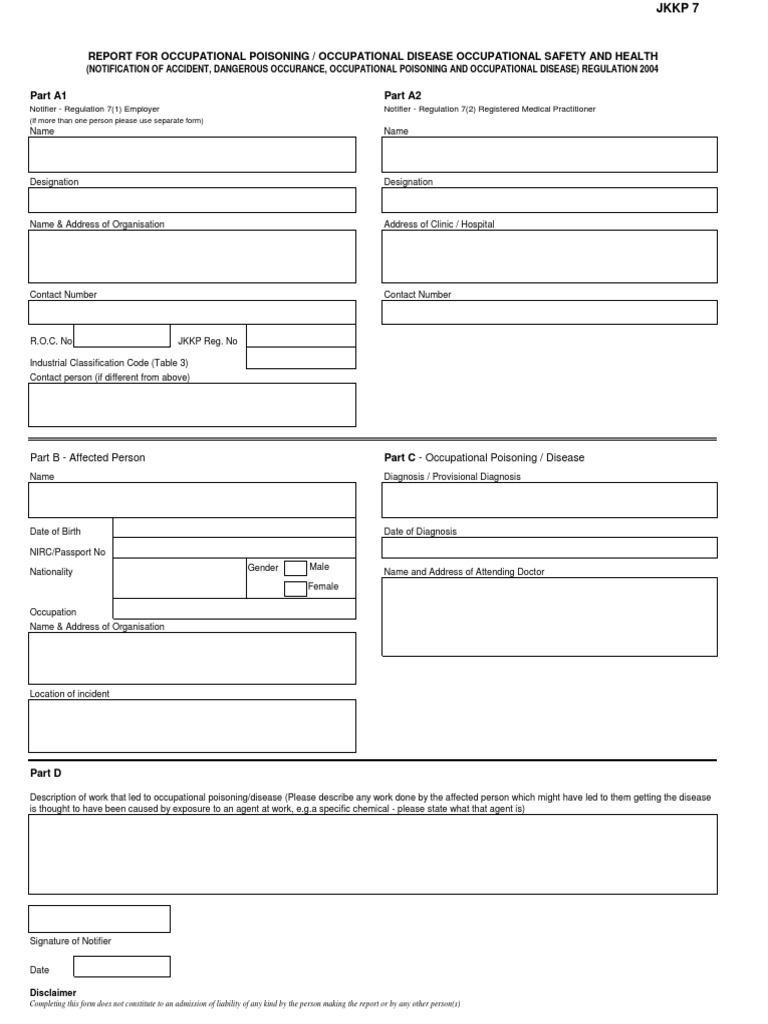 JKKP 7 - Notification of Occupational Poisoningoccupational Disease | PDF